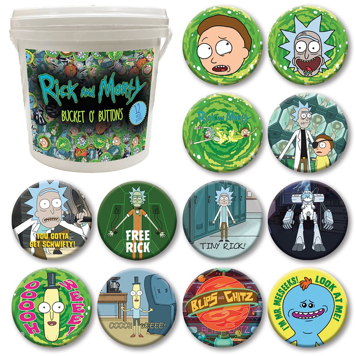 Rick and Morty 144-Piece Bucket o' Buttons – Sweets and Geeks